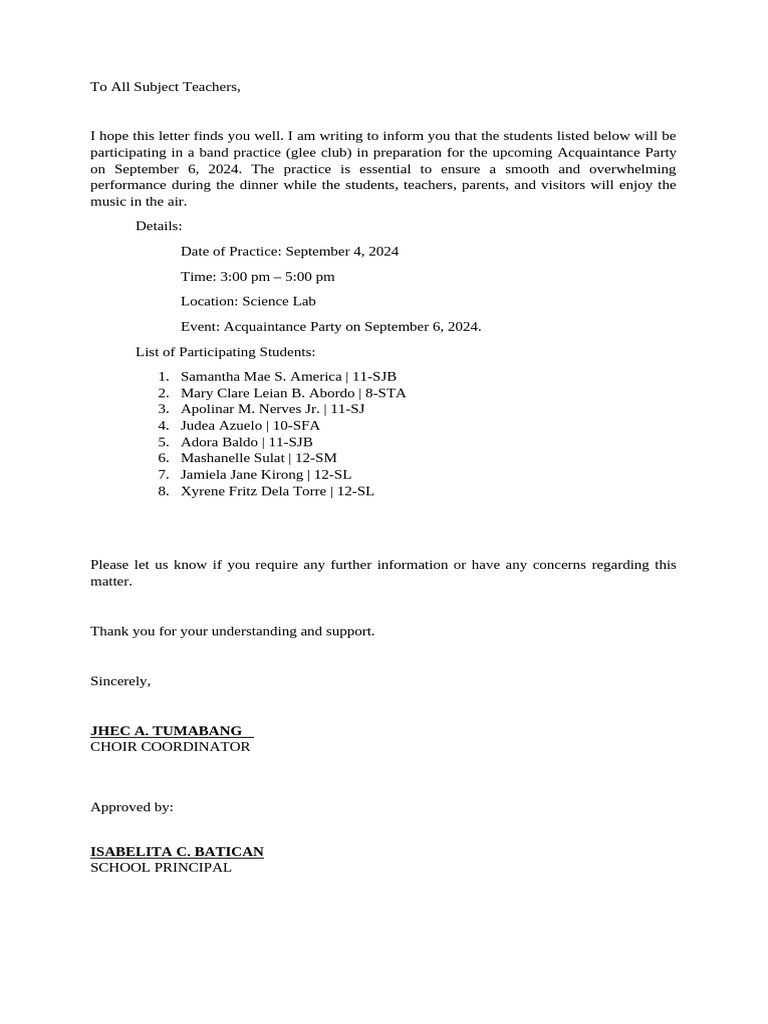 Excuse Letter (Glee Club) | PDF