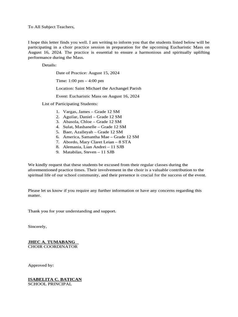 Excuse Letter (Choir) | PDF