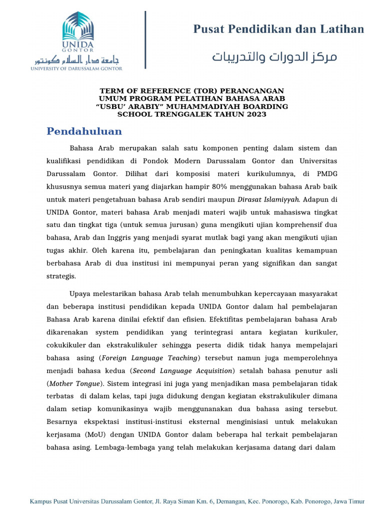 TERM OF REFERENCE MBS ARABIC TRAINING PROGRAM 2023 | PDF