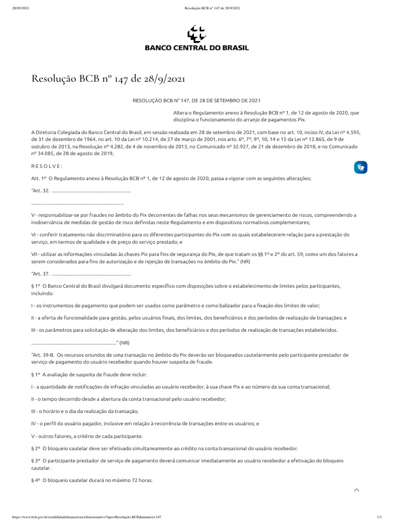 Resolução BCB N° 147 de 28 - 9 - 2021 | PDF