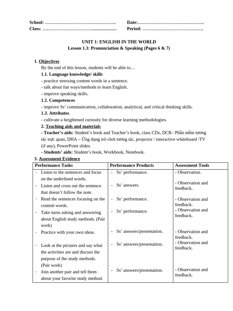 Unit 1 - Lesson 1.3 - Pronunciation & Speaking - Pages 6 & 7 | PDF