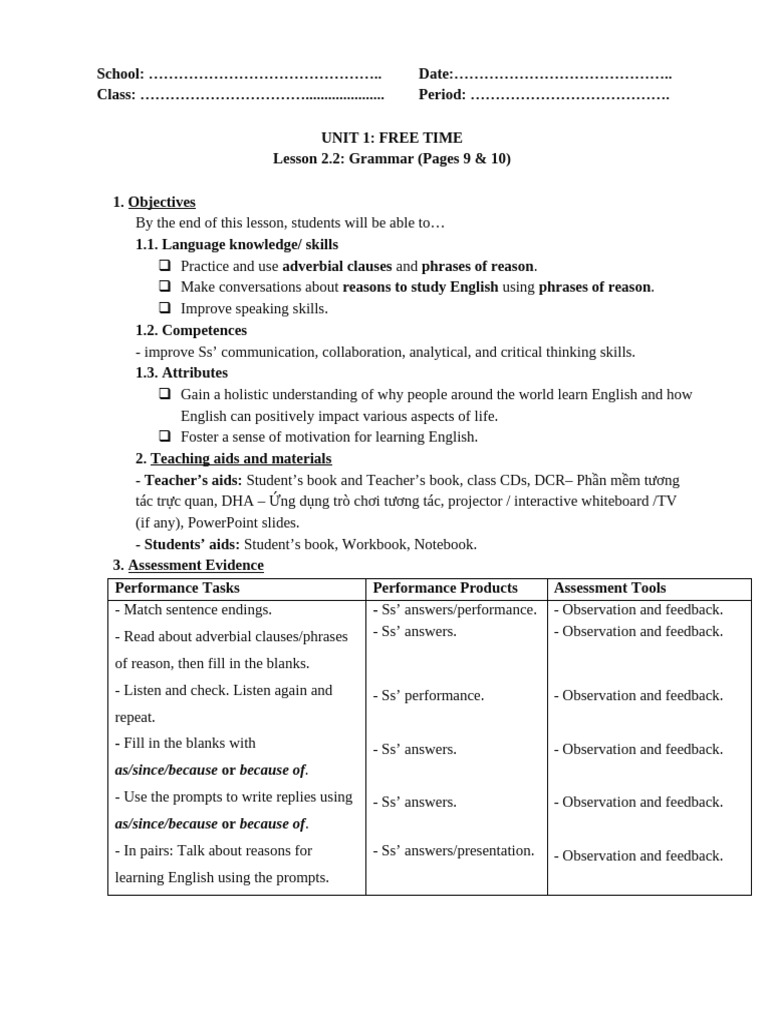 Unit 1 - Lesson 2.2 - Grammar - Pages 9 & 10 | PDF