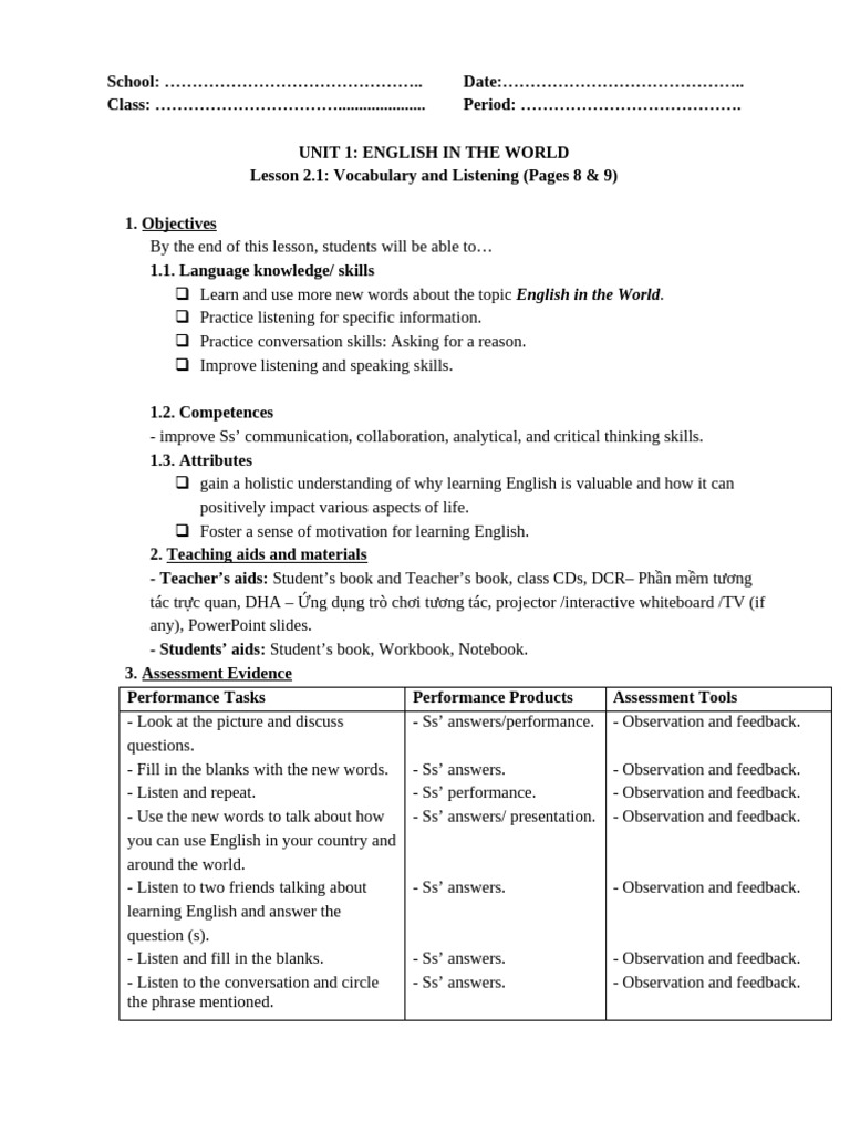Unit 1 - Lesson 2.1 - Vocabulary & Listening - Pages 8 & 9 | PDF