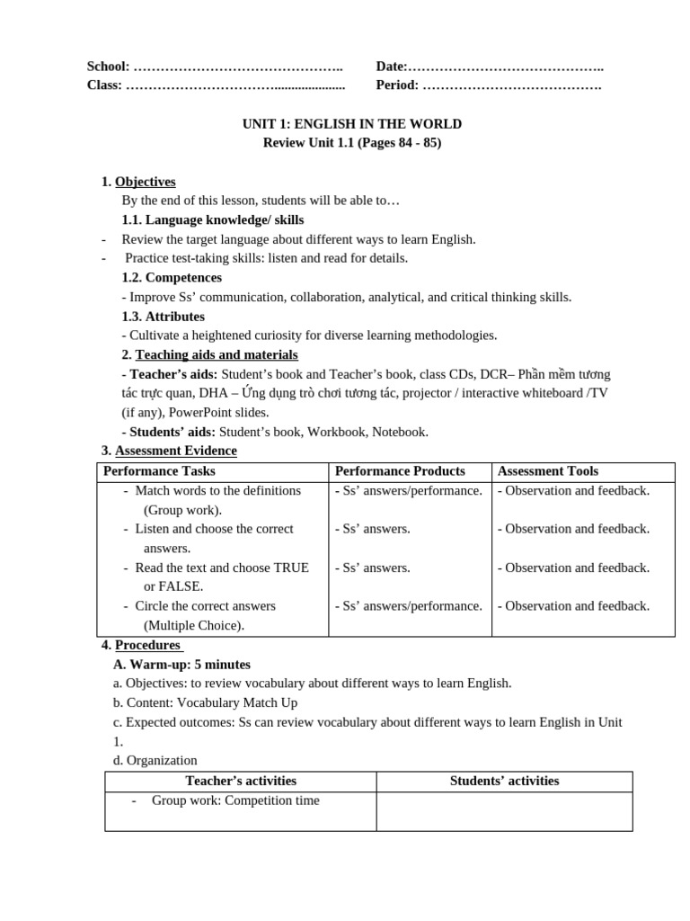 Unit 1 - Review Unit 1.1- Pages 84-85 | PDF