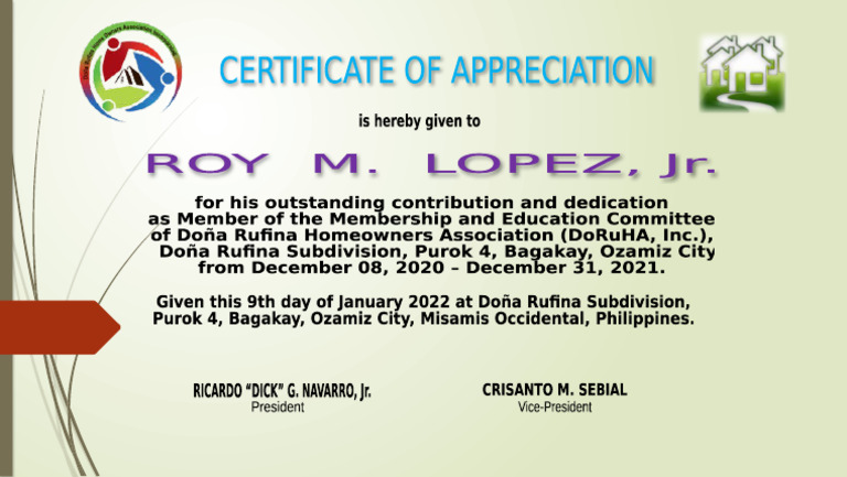 Certificate of Appreciation EDUC COMM MEM | PDF