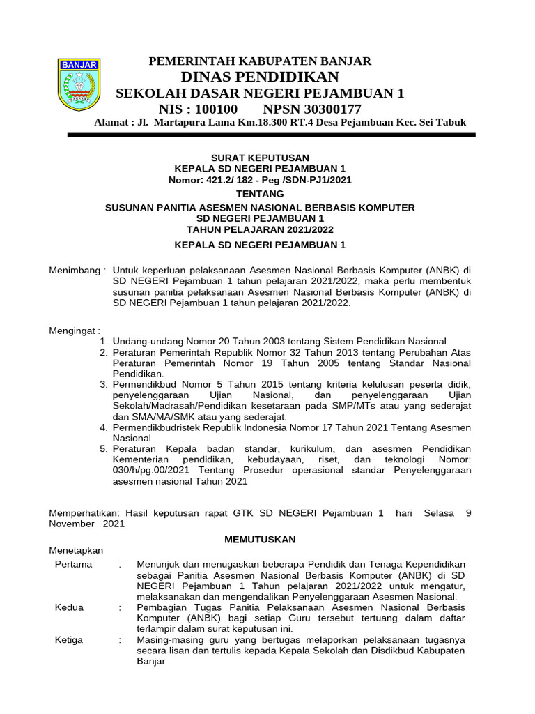 SK Susunan Panitia SD Pengawas Proktor Dan Teknisi Anbk | PDF