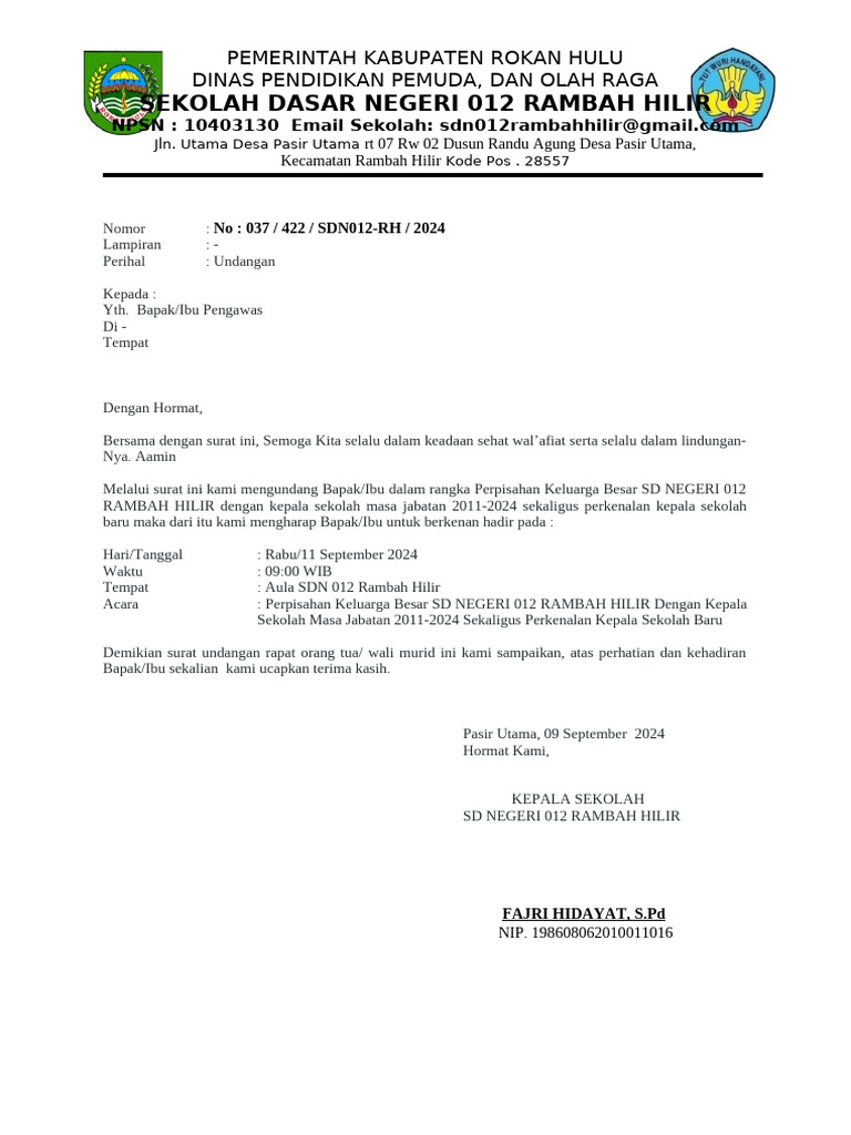 Contoh File Surat Undangan Rapat Untuk Orang Tua Siswa | PDF