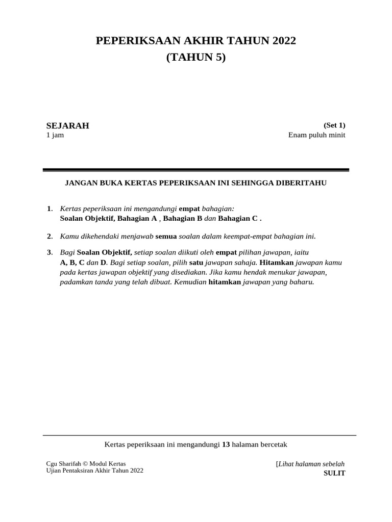 2 Set Kertas Sejarah Persediaan PBD Sesi Akhir 2022 - Tahun 5 01 | PDF