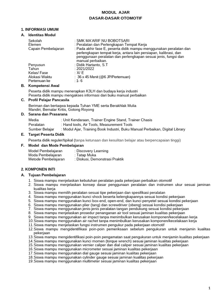 Modul Ajar Peralatan Dan Kelengkapan Tempat Kerja | PDF