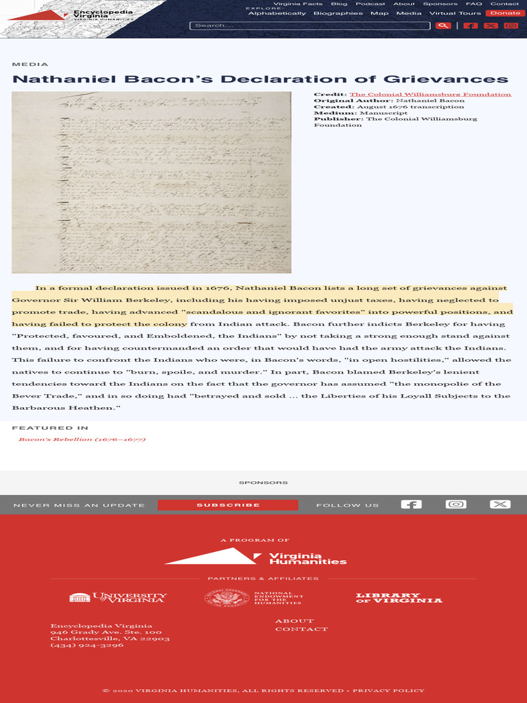 Nathaniel Bacon's Declaration of Grievances - Encyclopedia Virginia 2 | PDF