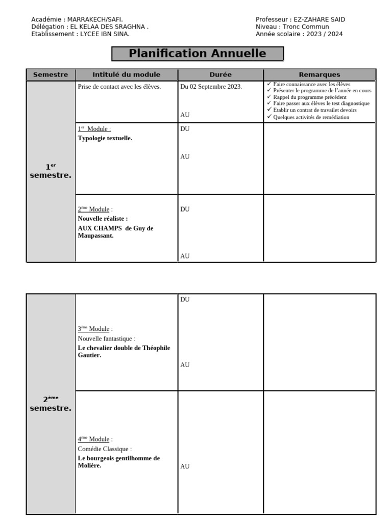Planification Annuelle TC-1 | PDF