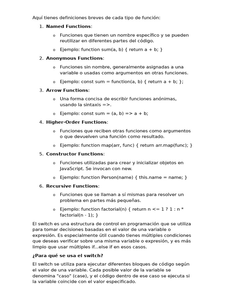 Tipos de Funciones y Switch | PDF