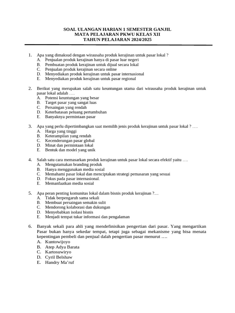 Soal Remedial PH 1 Semester Ganjil 2024 | PDF