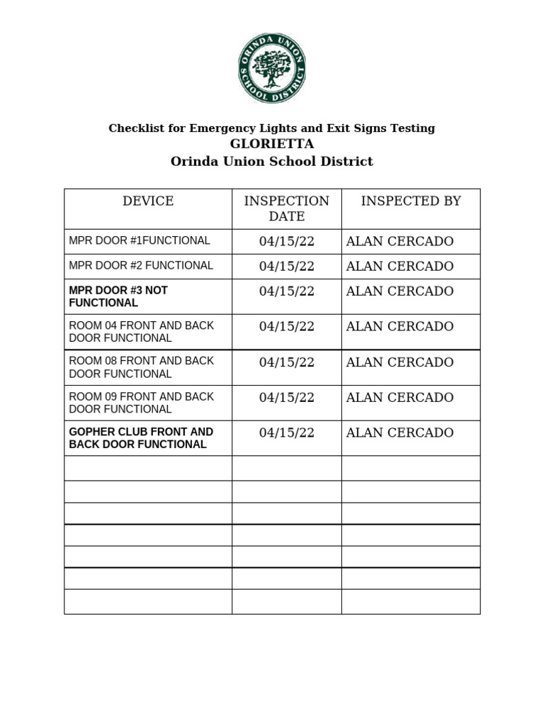 GLORIETTA Checklist For Emergency Lights and Exit Signs Testing | PDF