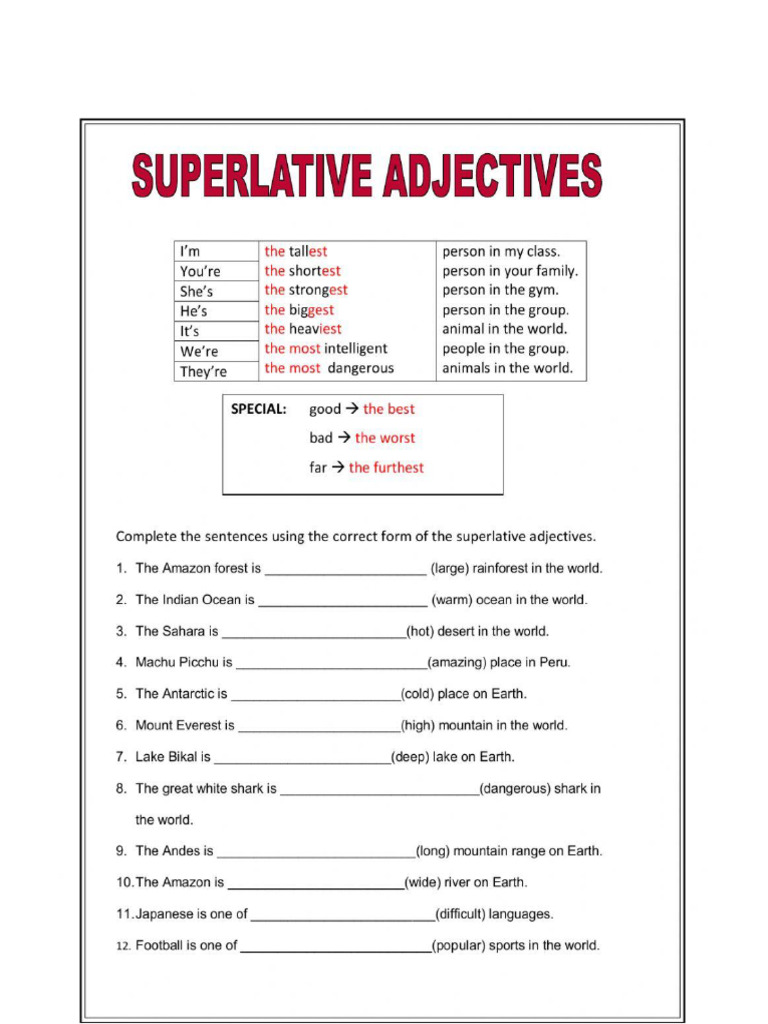 Superlatives Exercise | PDF