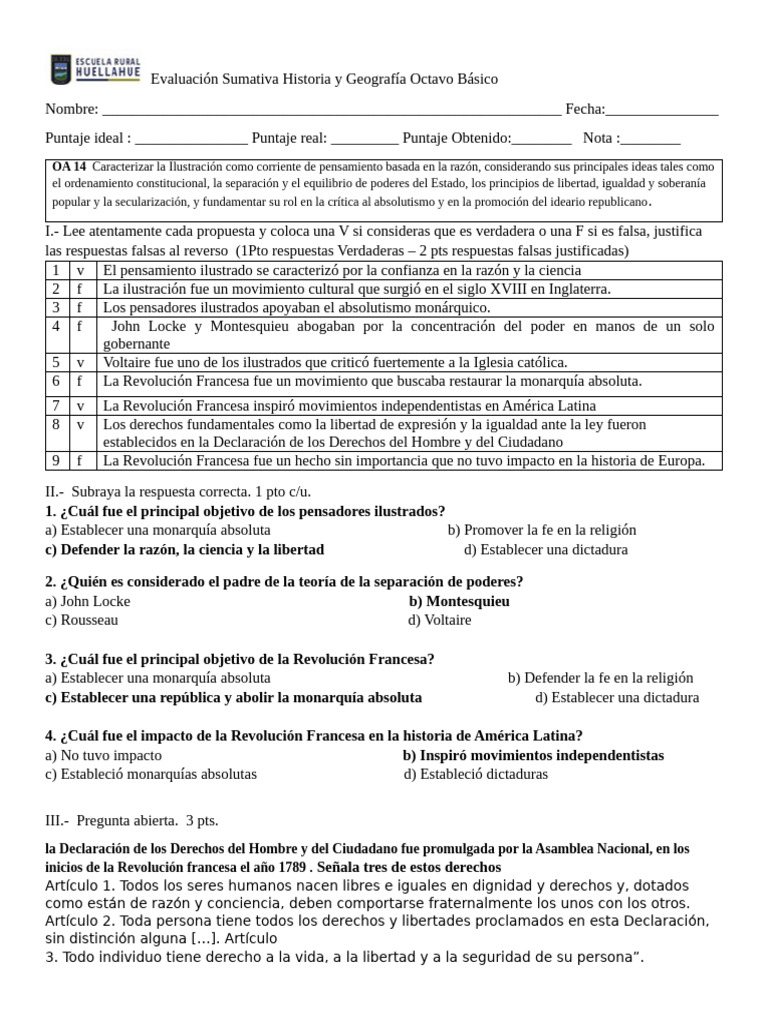 Evaluación Sumativa Historia y Geografía Octavo Básico | PDF | Era de iluminacion | Métodos y ...