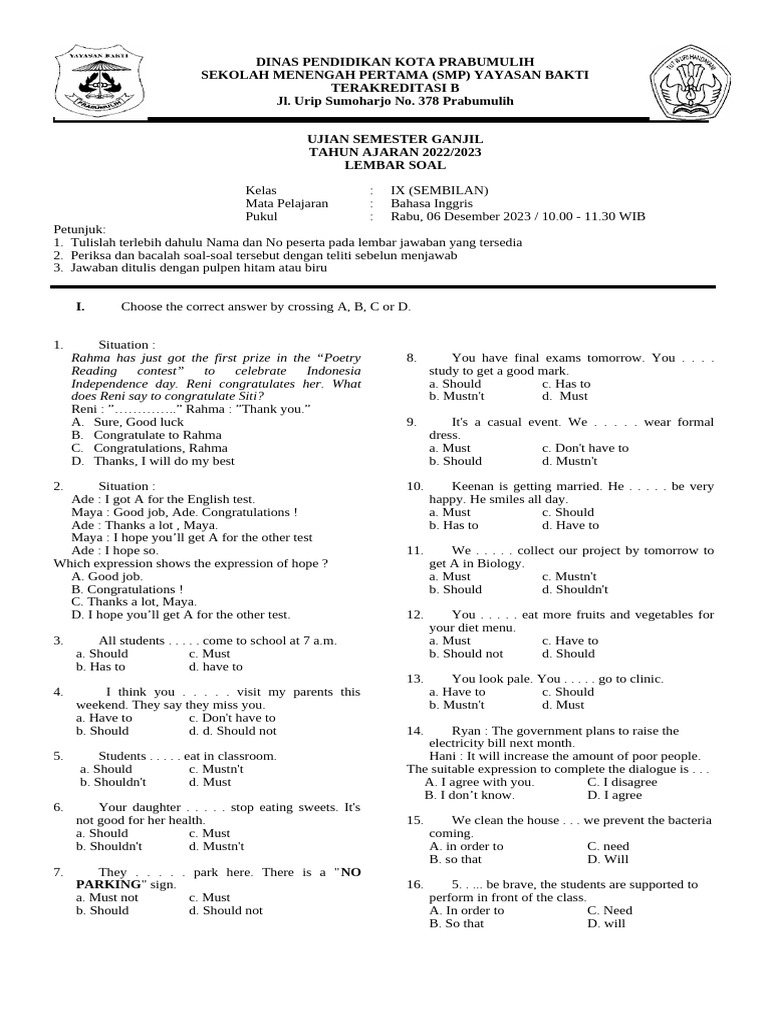 Soal Uas Bahasa Inggris Kelas Ix | PDF