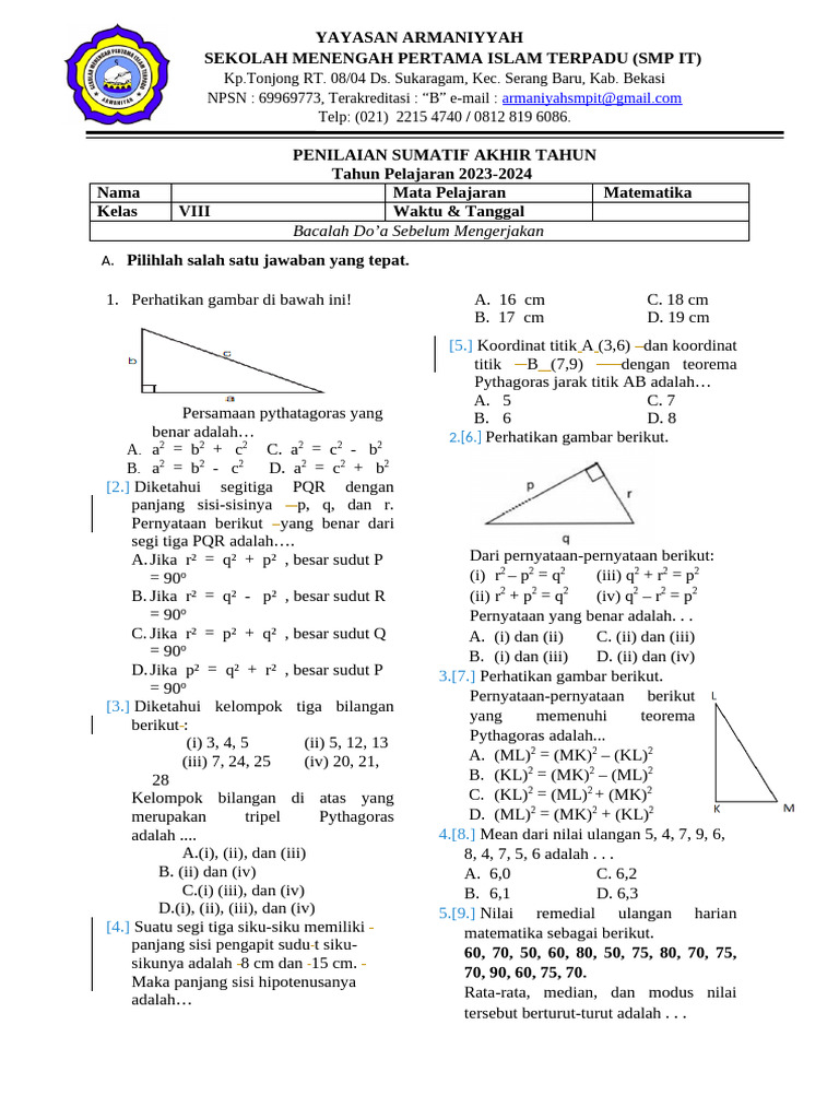 MTK PAT Kelas 8 | PDF