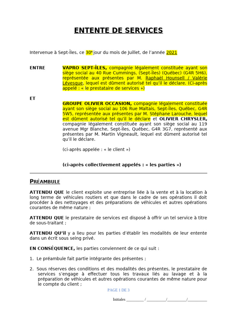 Entente de Service - EXEMPLE | PDF