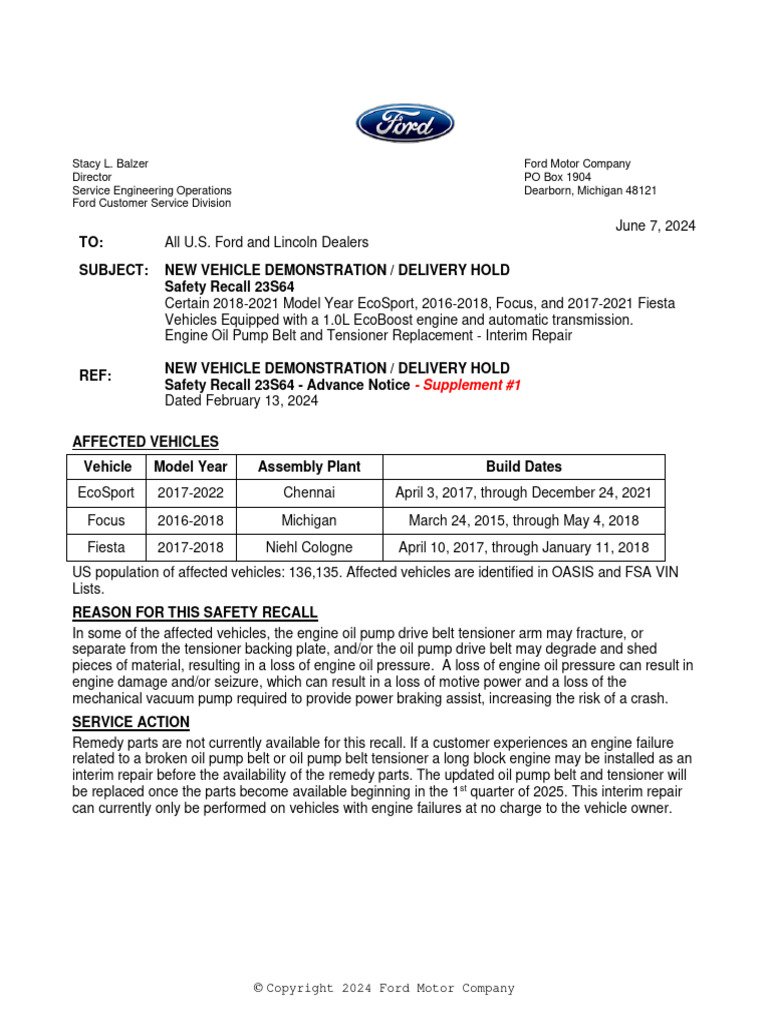 Ford Safety Recall - Instructions To Dealerships | PDF | National ...