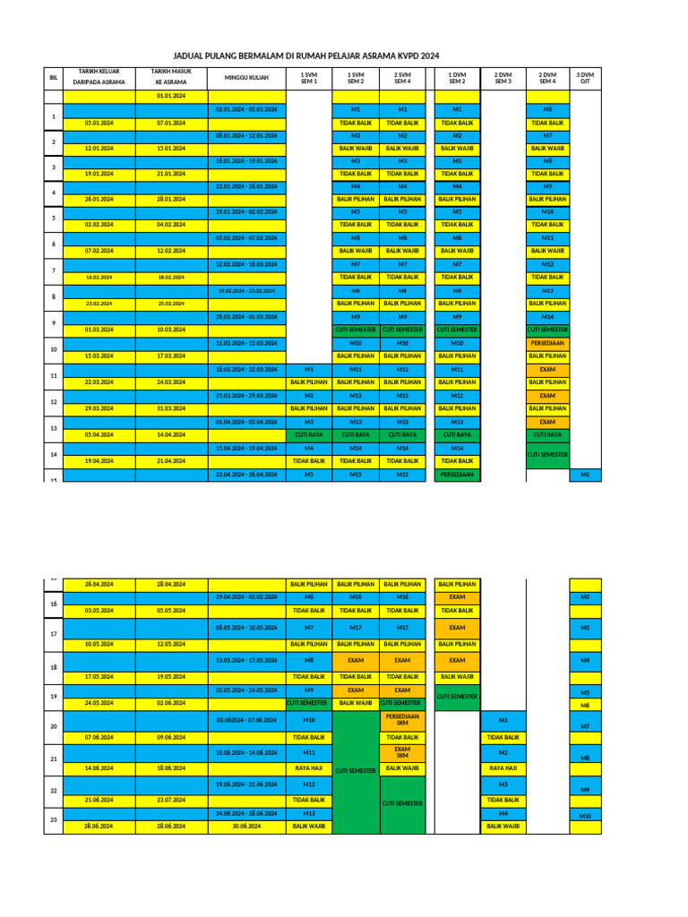 Kalendar Asrama KVPD 2024 | PDF