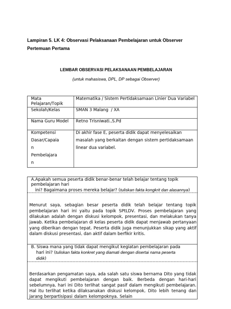 Observasi Pelaksanaan Pembelajaran | PDF