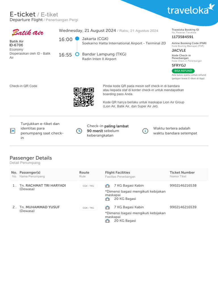 Dian Aprianti-CGK-SFRYGJ-TKG-FLIGHT - ORIGINATING | PDF