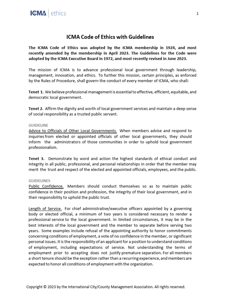 ICMA Code of Ethics (June 2023) | PDF