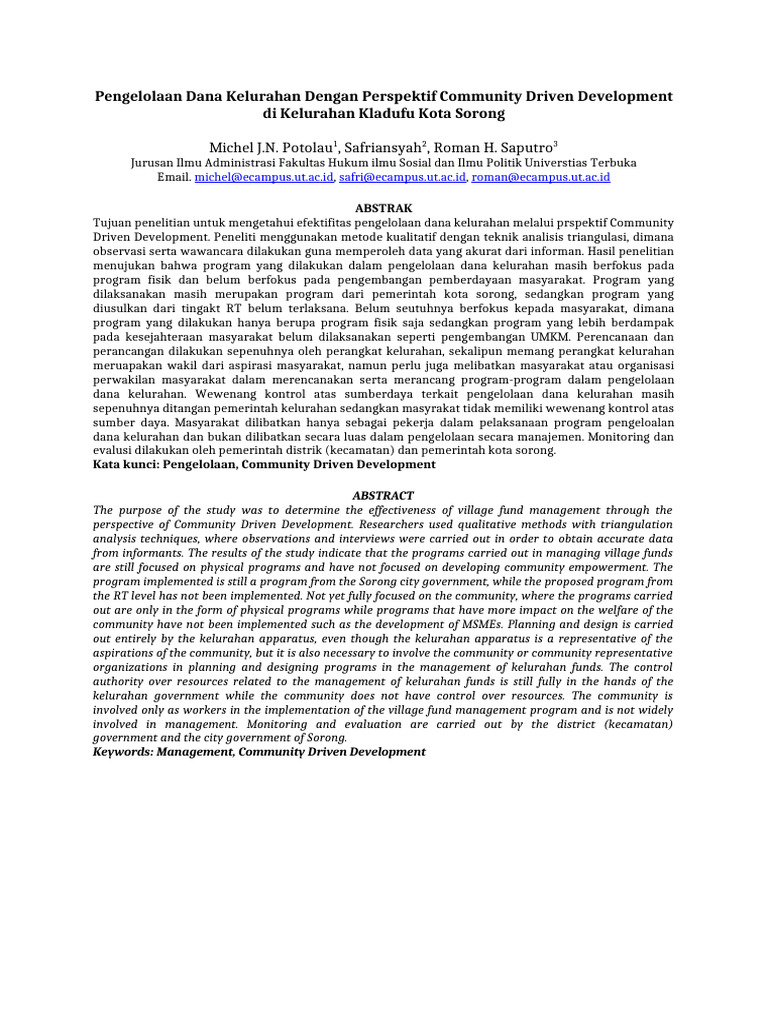 Pengelolaan Dana Kelurahan Dengan Perspektif Community Driven ...