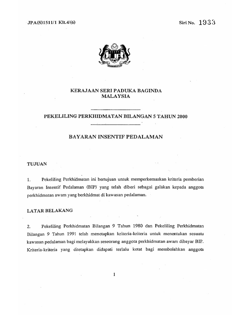 Pekeliling Perkhidmatan Bil 5 Tahun 2000 Bayaran Intensif Pedalaman | PDF