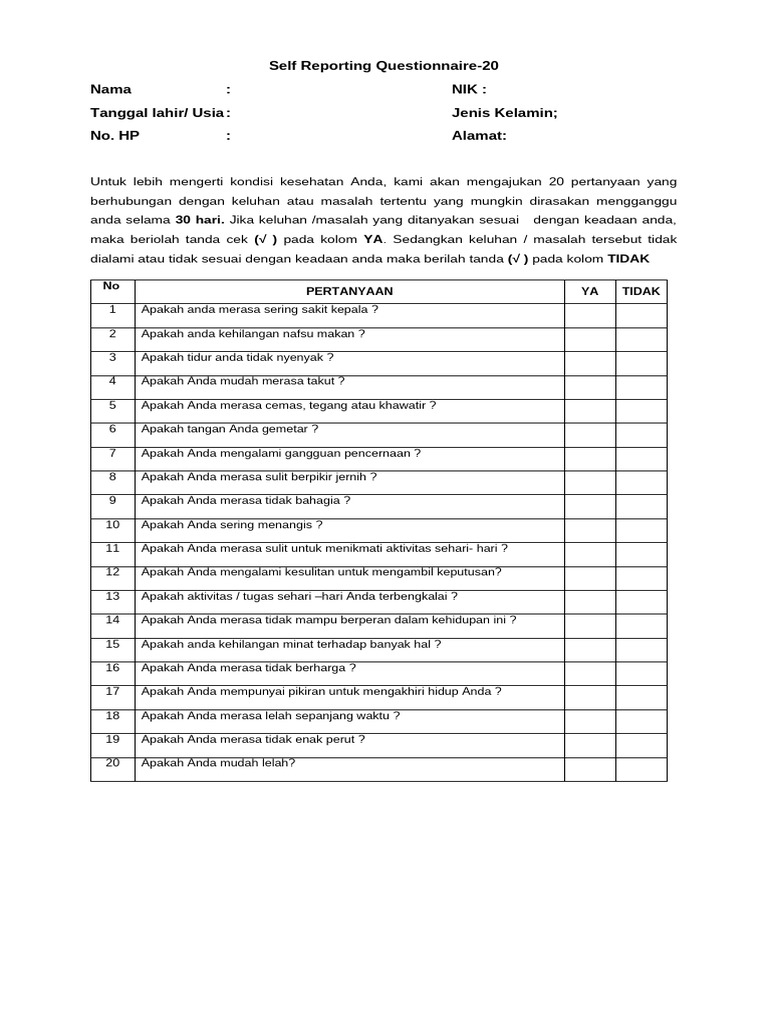 Self Reporting Questionnaire SRQ | PDF