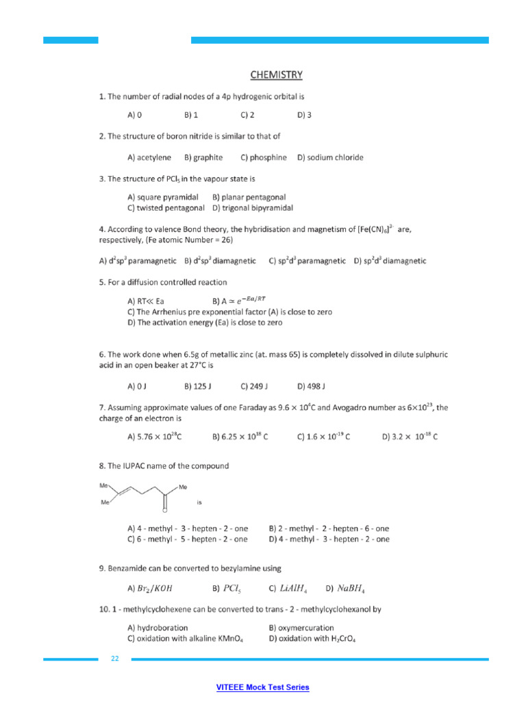 VITEEE Chemistry Sample Paper | PDF