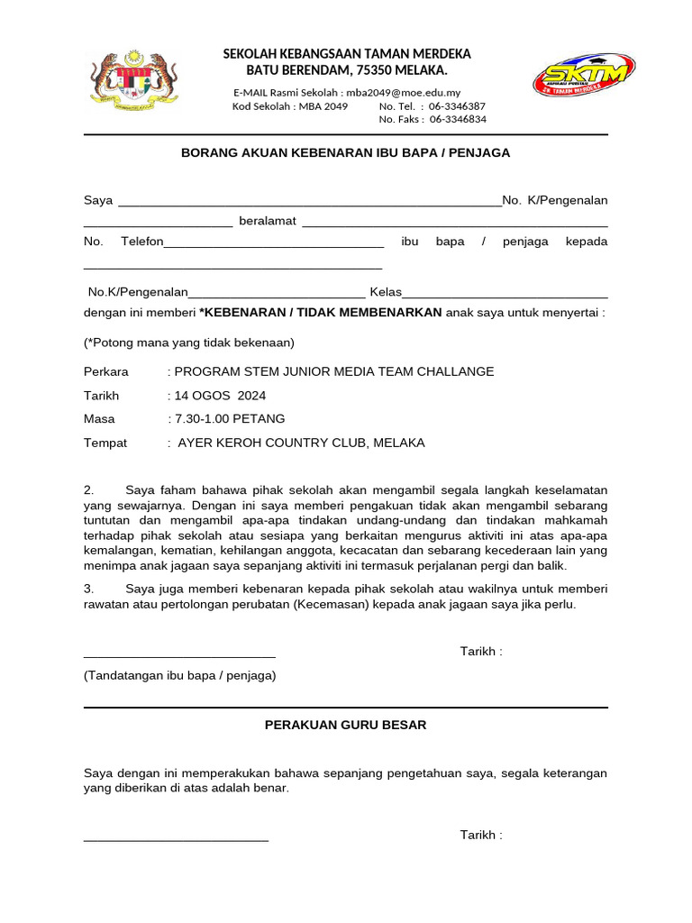 Surat Kebenaran Murid Media Junior Stem Bootcamp | PDF