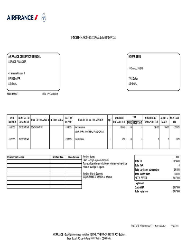 Facture Air France 01092024 | PDF