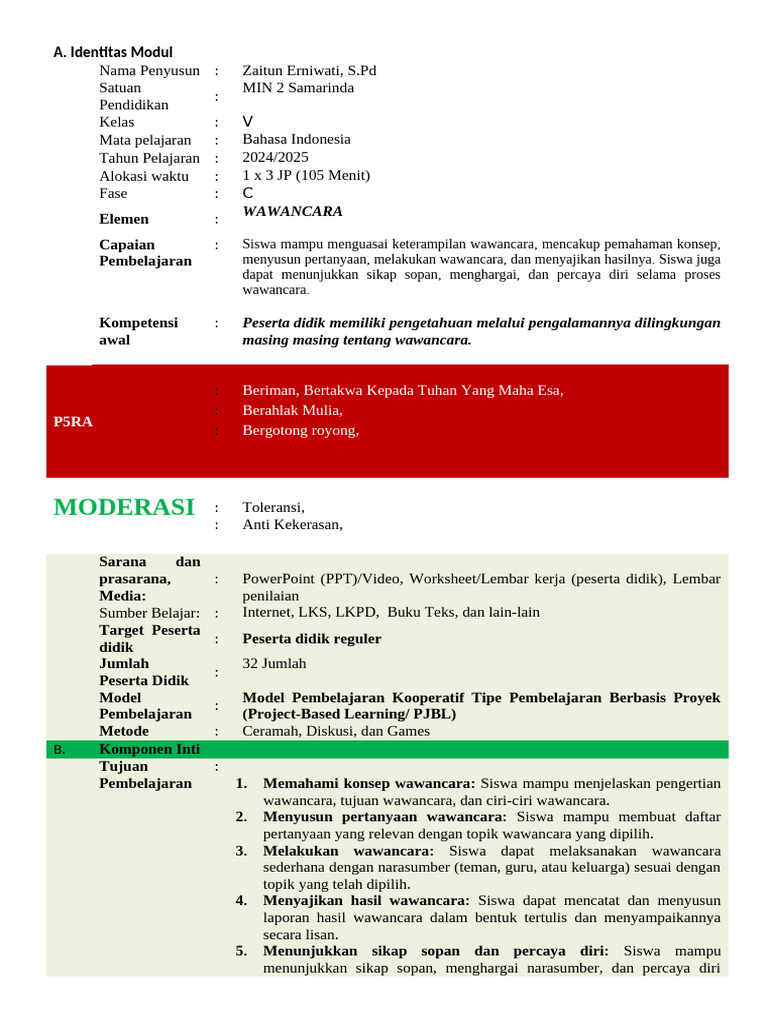 Modul Ajar Bahasa Indonesia Materi Wawancara | PDF