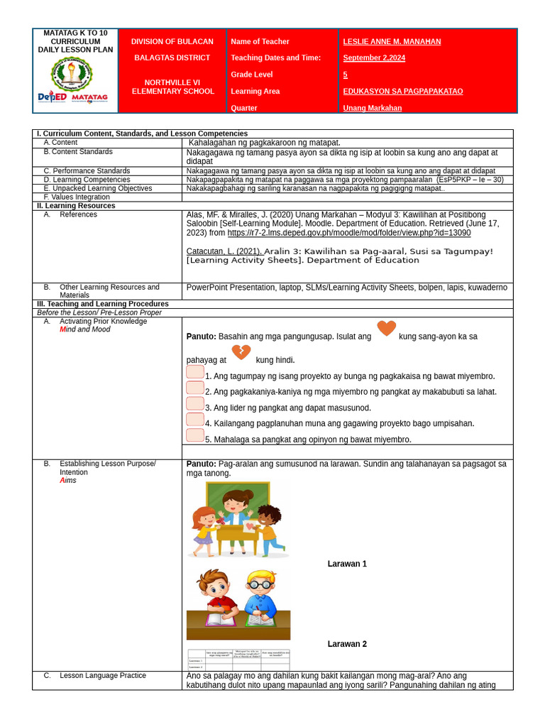 MATATAG DAILY LESSON PLAN ESP September 2 2024 | PDF
