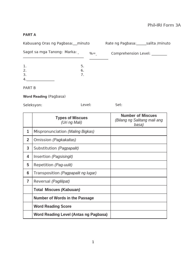 Phil Iri Form 3a 3B 4 1 | PDF