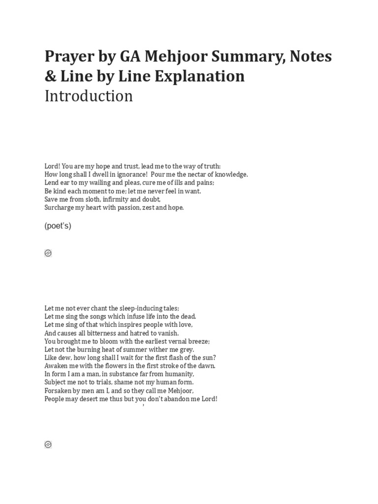 Prayer by GA Mehjoor Summary & question answers | PDF