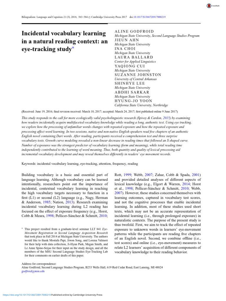 Incidental Vocabulary Learning in A Natural Reading Context An Eye Tracking Study | PDF