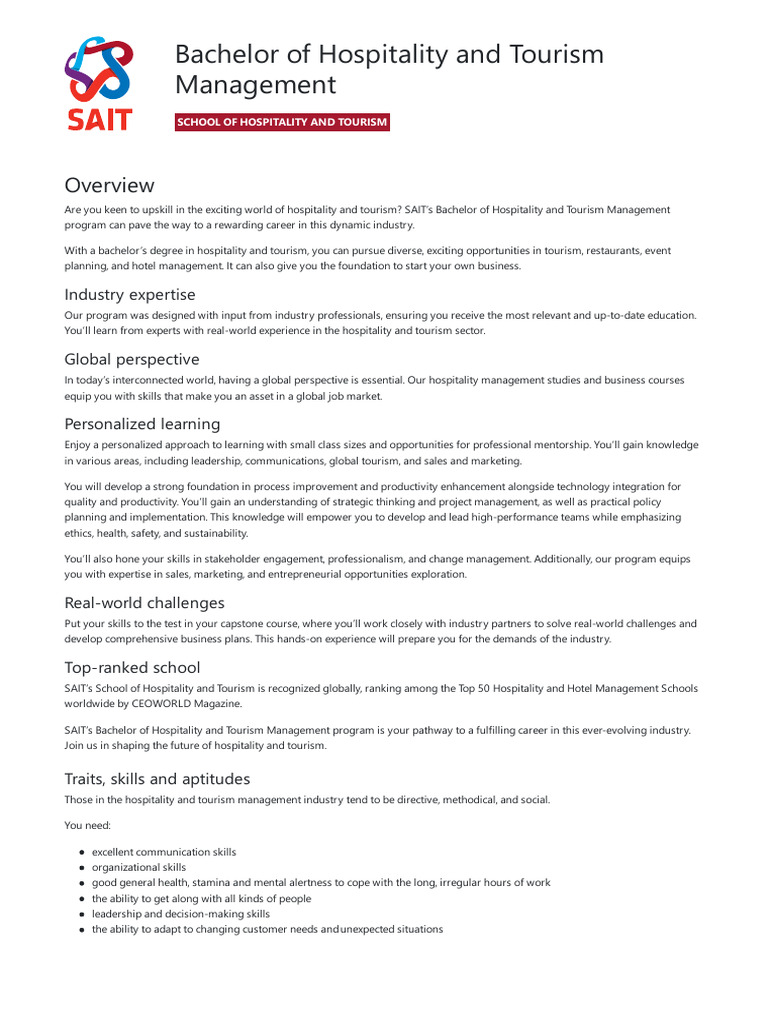 Bachelor of Hospitality and Tourism Management | PDF