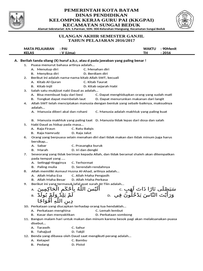Soal Pai Kls 5 S 1 TP 201620171 | PDF
