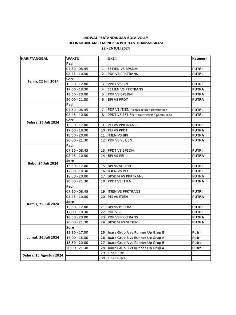 Jadwal Pertandingan Volly New | PDF