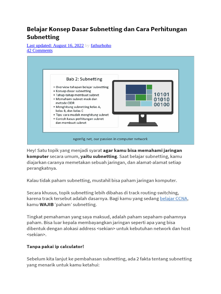 Belajar Konsep Dasar Subnetting Dan Cara Perhitungan Subnettin1 | PDF
