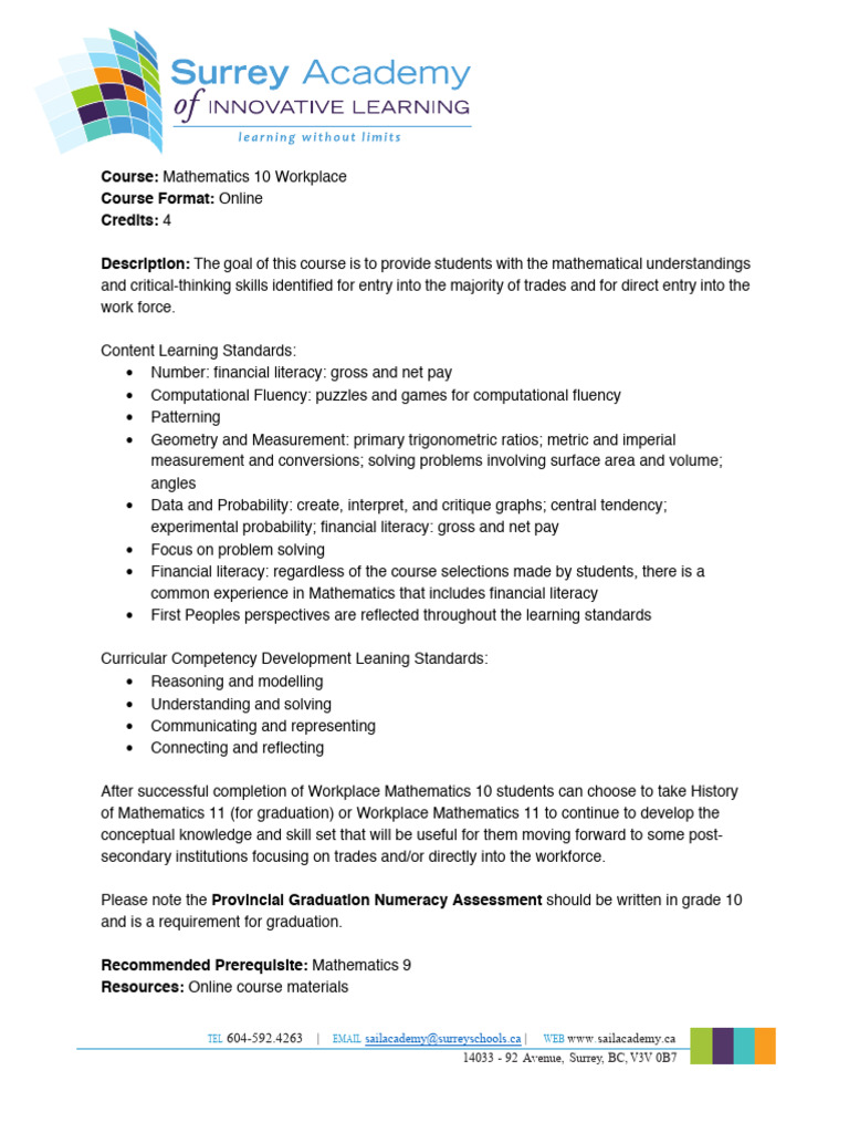Math 10 Workplace Course Description | PDF