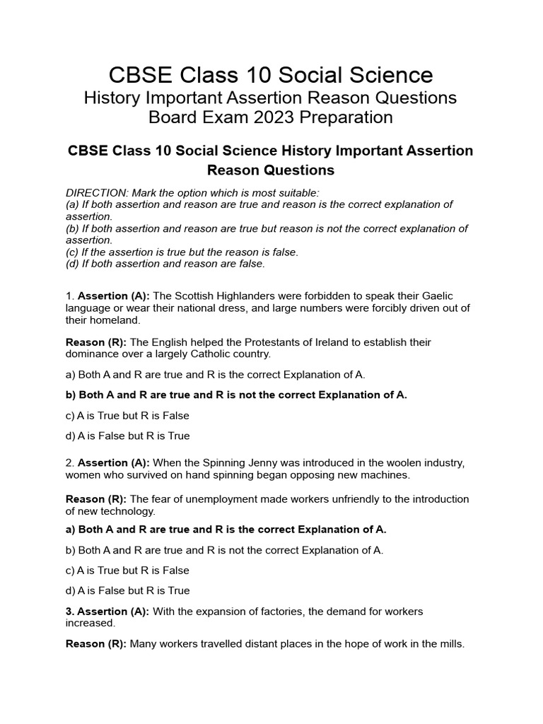 Cbse Class 10 Social Science History Important Assertion Reason ...