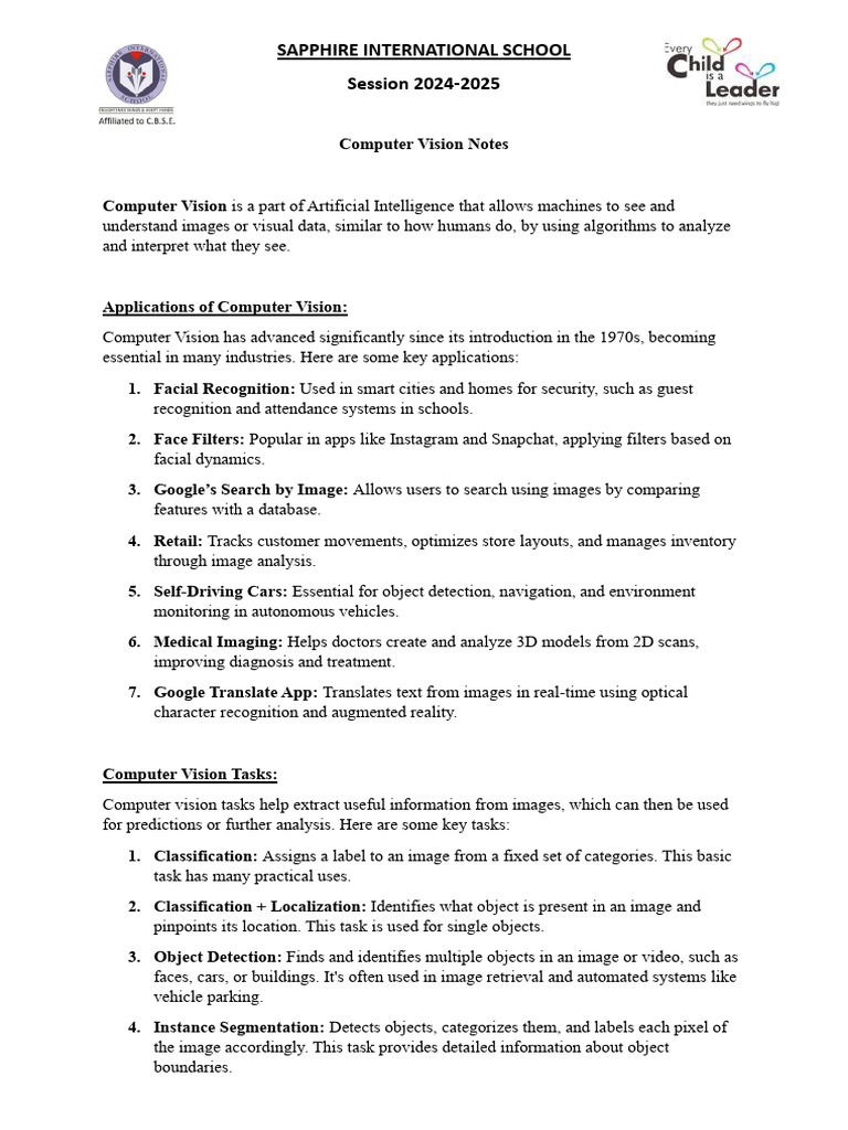 Computer Vision Notes Class X | PDF