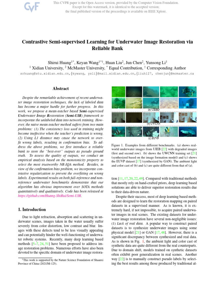 Huang Contrastive Semi-Supervised Learning For Underwater Image Restoration Via Reliable Bank ...
