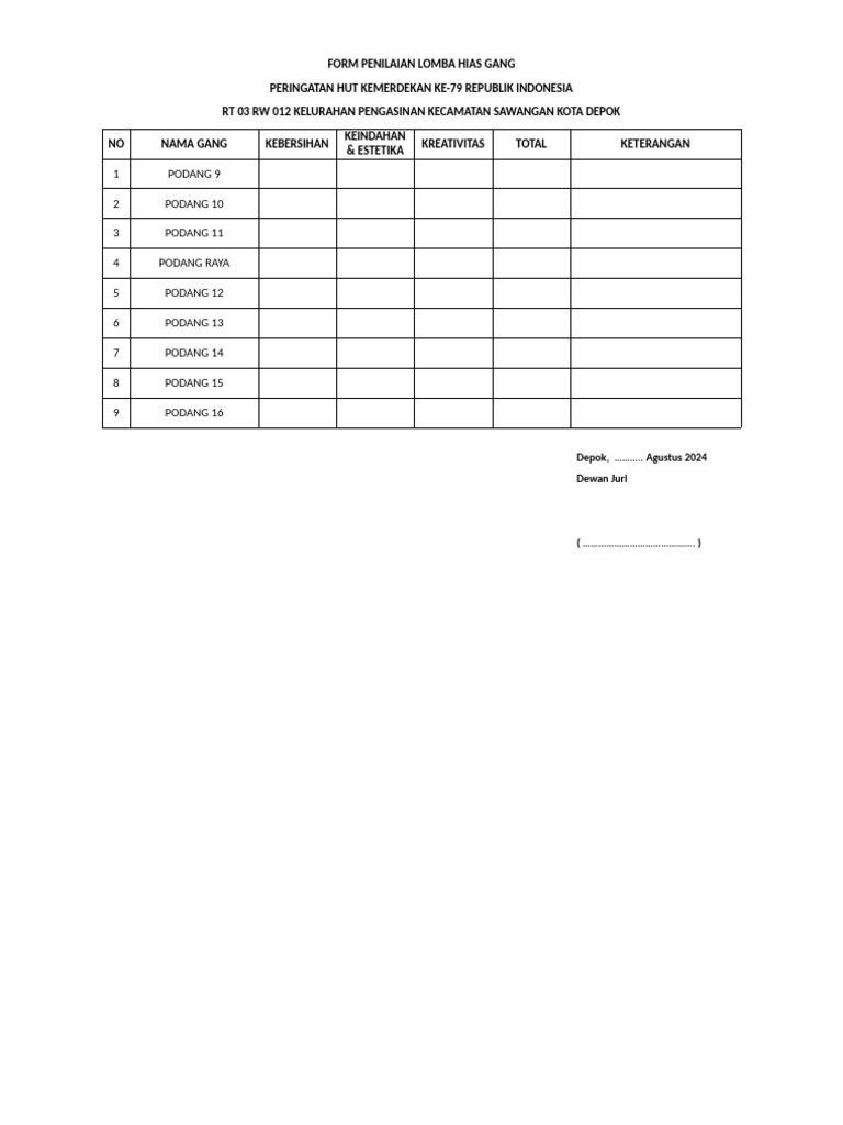 Form Penilaian Lomba Hias Gang | PDF