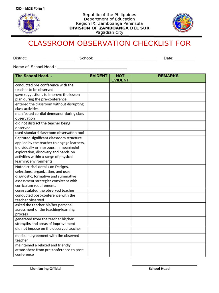 CID M_E FORM 4 Classroom Observation Checklist for SH | PDF