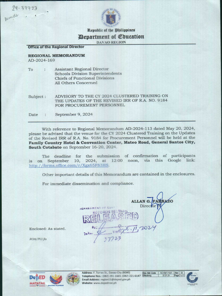 RM Ad-2024-169 Advisory To The 2024 Clustered Training On The Updates ...